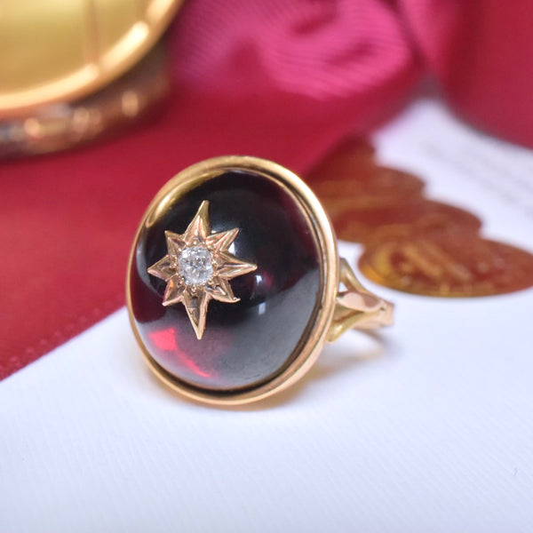 Antique Victorian 14ct Gold Carbuncle ‘Star’ OMC Diamond Set Ring - Ci