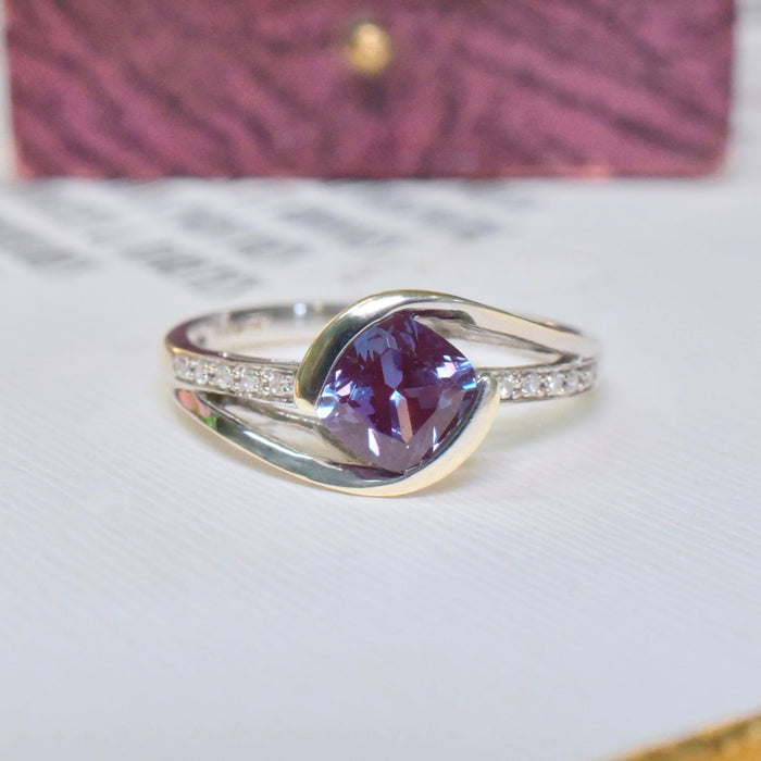 Modern 9ct White Gold Man-Made Colour Change Sapphire And Diamond Ring