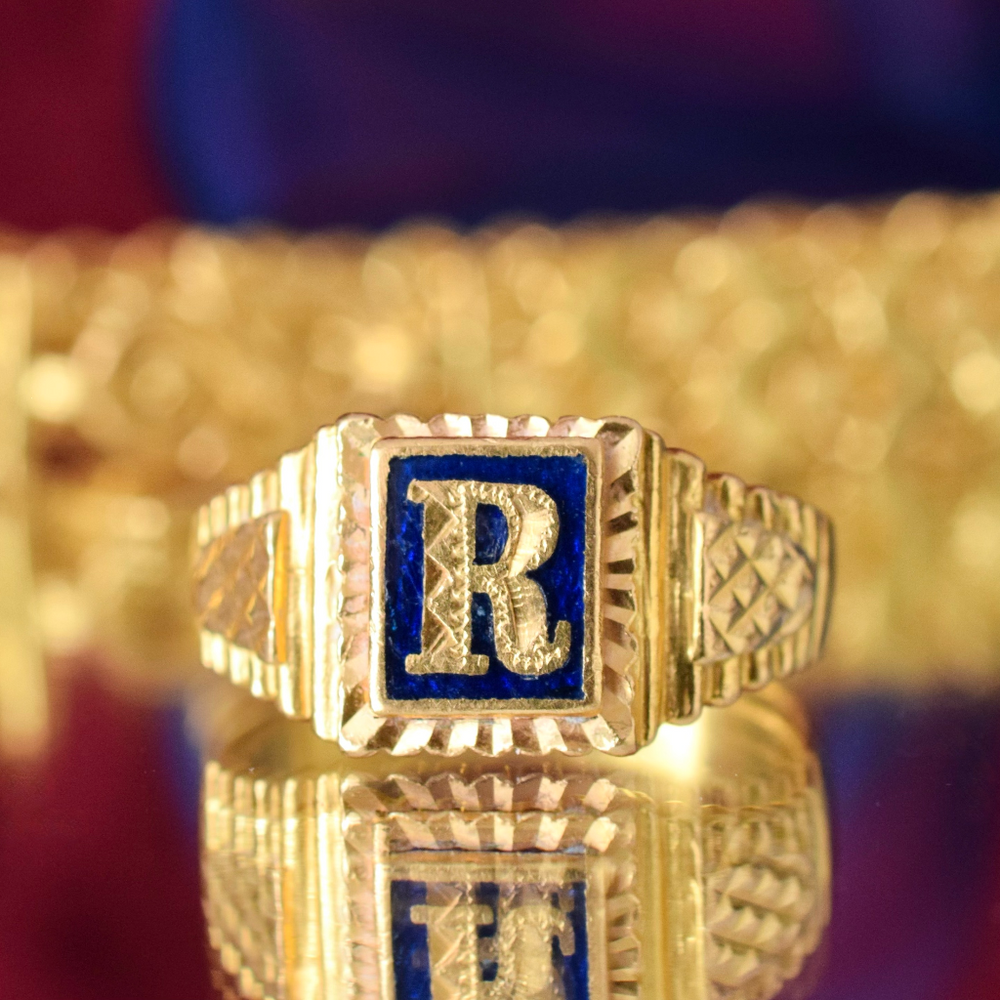Modern 22ct Yellow Gold And Enamel Letter R’ Ring