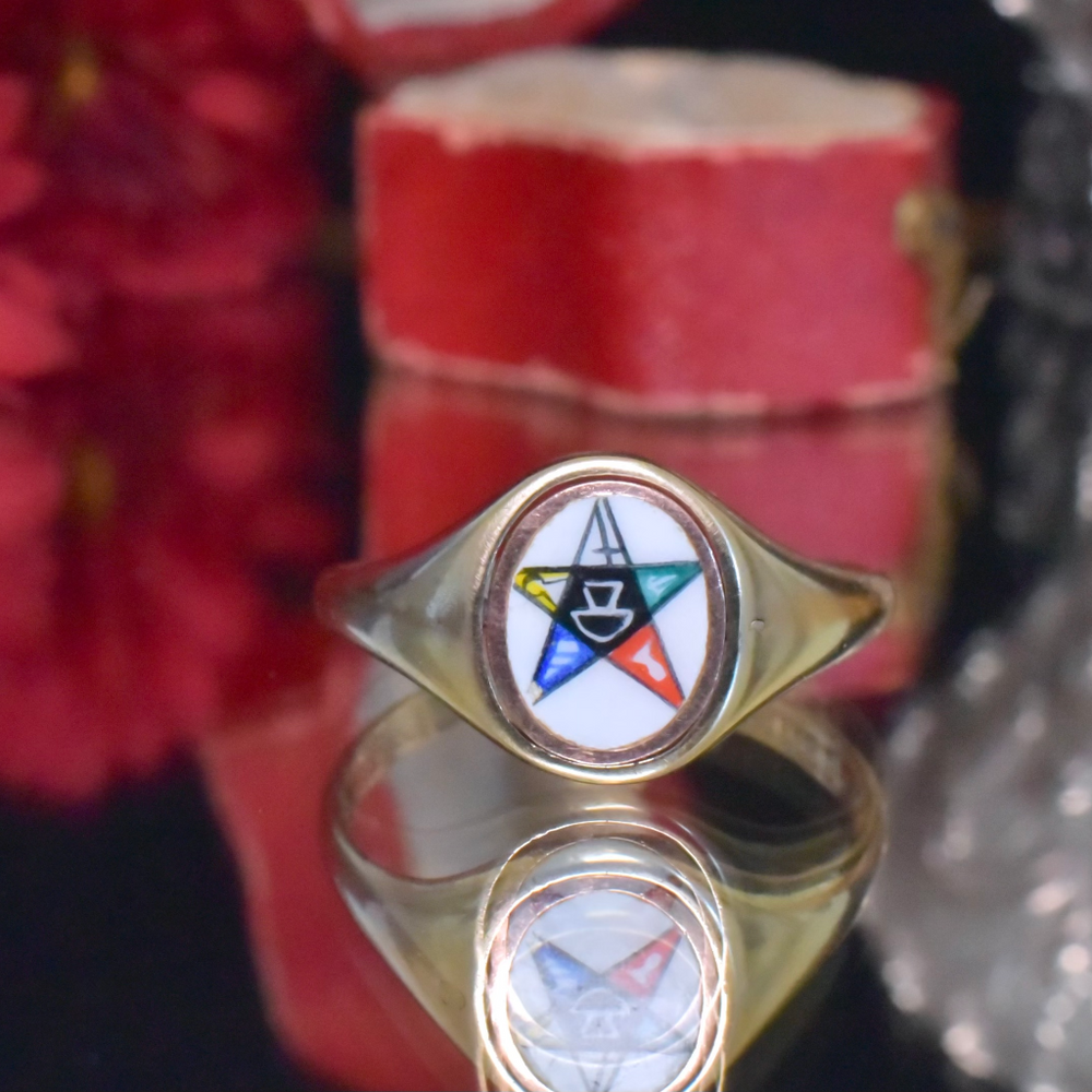 Vintage 9ct Yellow Gold Enamel Masonic Swivel Ring - By John Henry Wyn