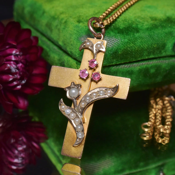 Antique Australian 9ct Gold Seed Pearl Crucifix By Robert Rollason Cir