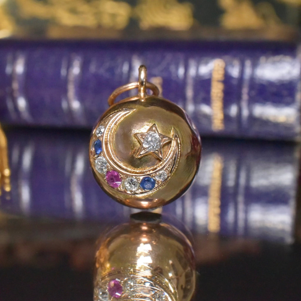 Antique 9ct Rose Gold Diamond, Ruby, Sapphire Crescent Sphere - Circa