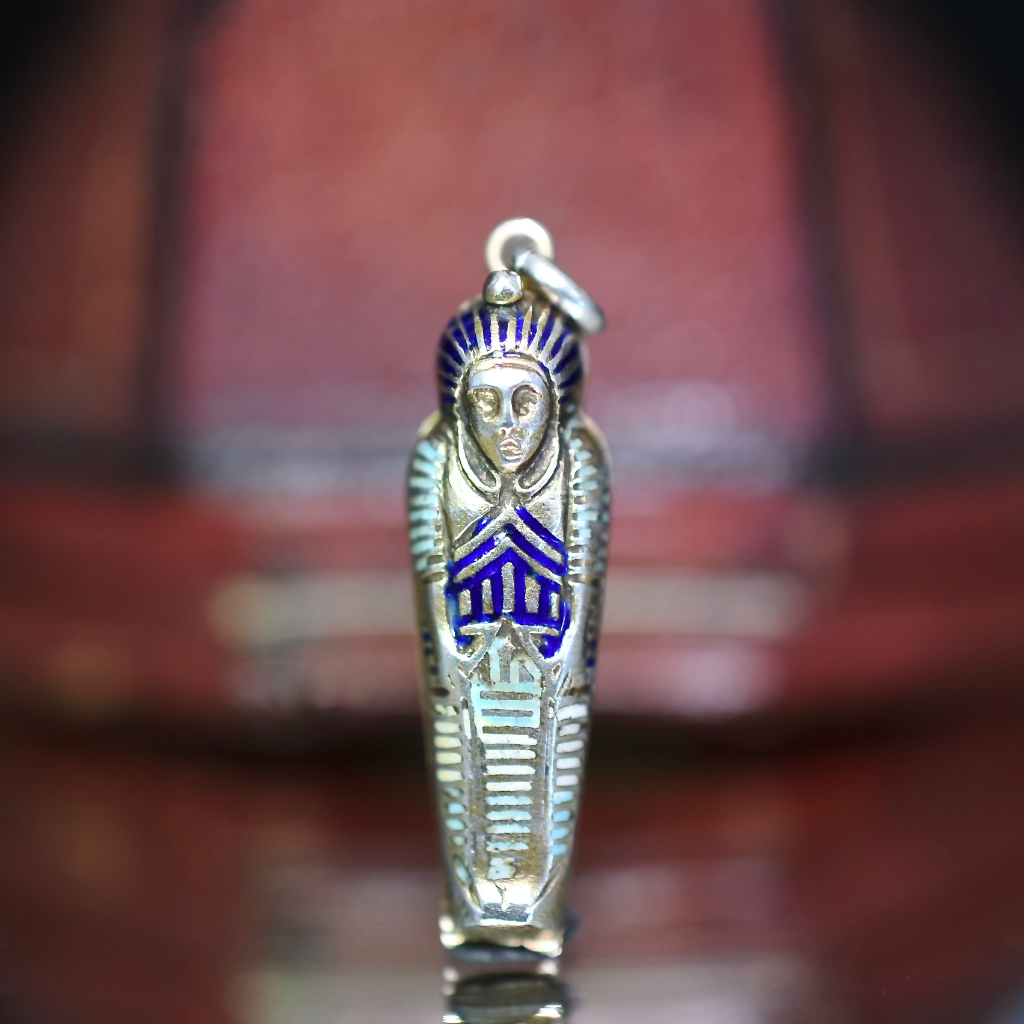 Antique Art Deco Silver And Enamel Egyptian Sarcophagus And Mummy Pend