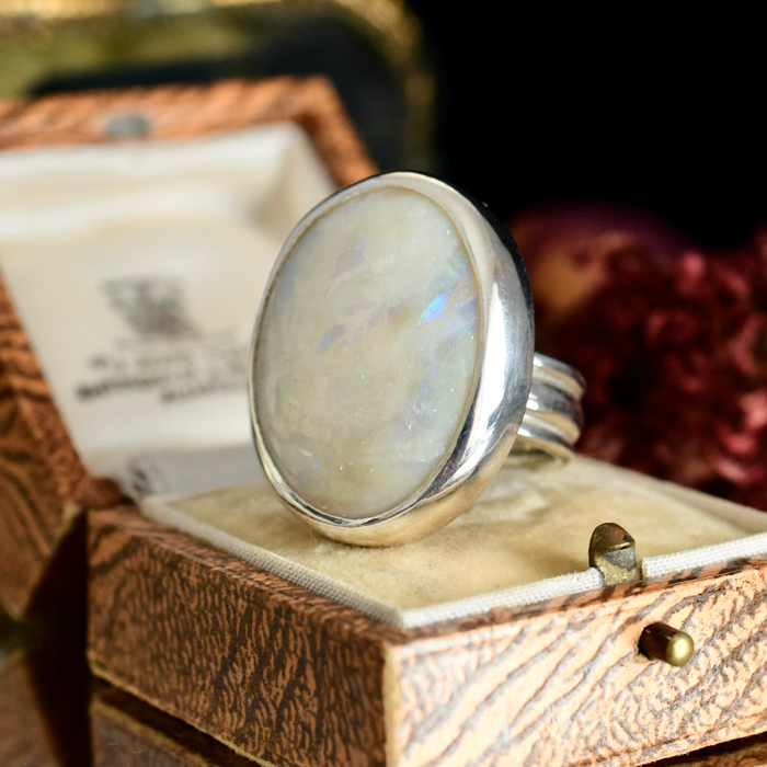 Modern Sterling Silver Solid White Coober Pedy Opal Ring By Tony Kean
