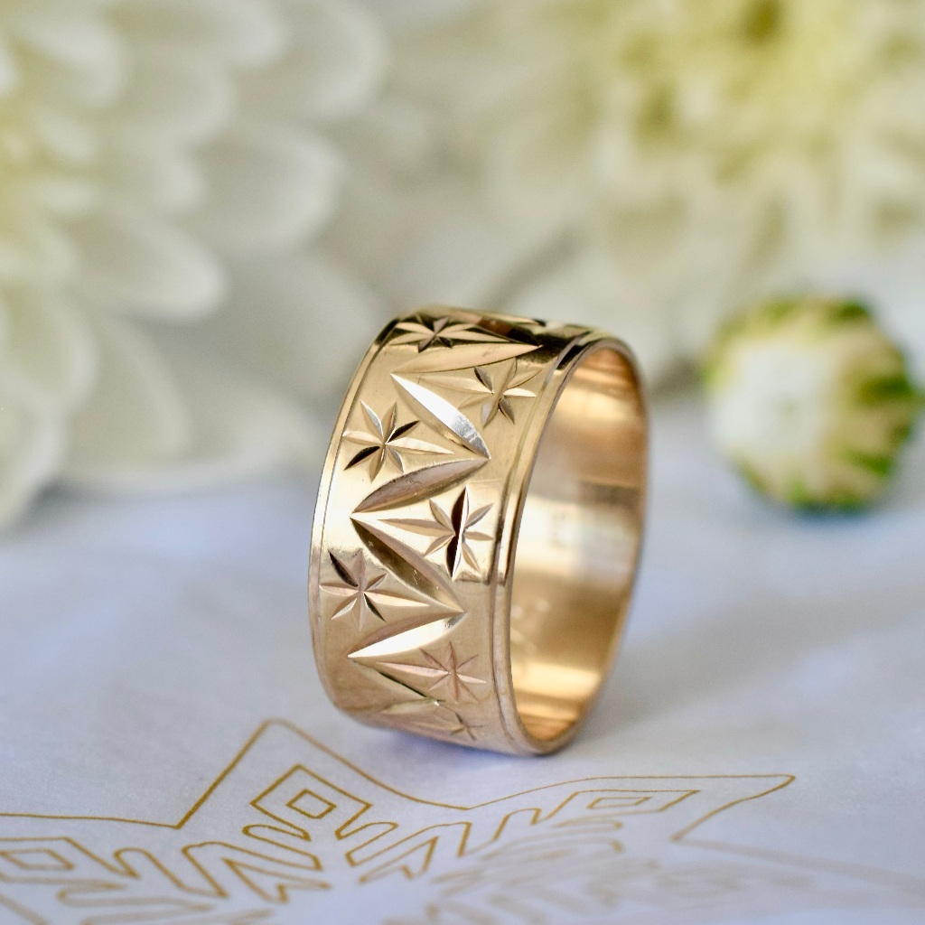 Vintage 9ct Yellow Gold Wide Floral Pattern Ring Circa 1970’s ...