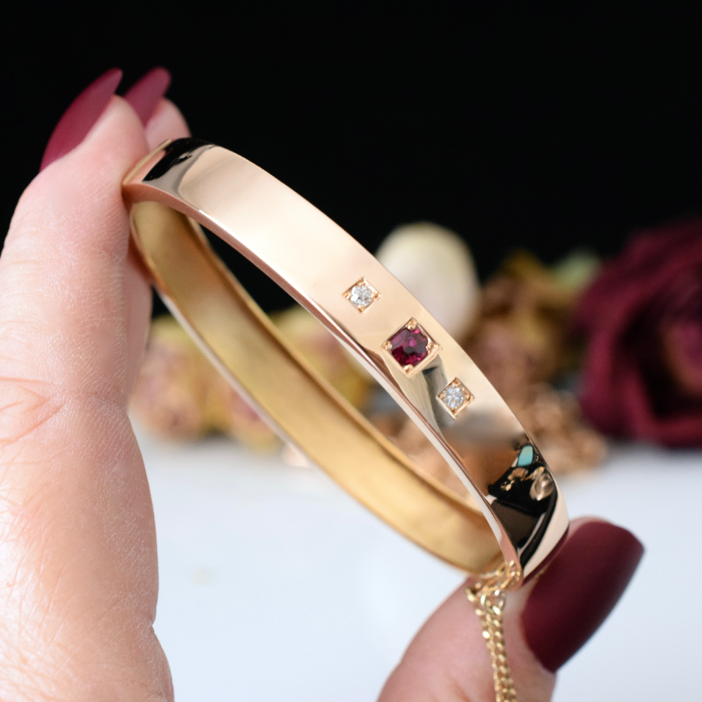 Antique Australian 15ct Rose Gold Diamond And Natural Ruby Bangle By ...